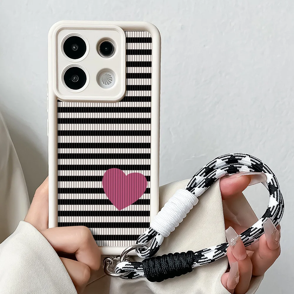 Stylish Stripe Love Heart Phone Case with Wrist Chain Strap and Lanyard Cover for Xiaomi Poco m6 ...