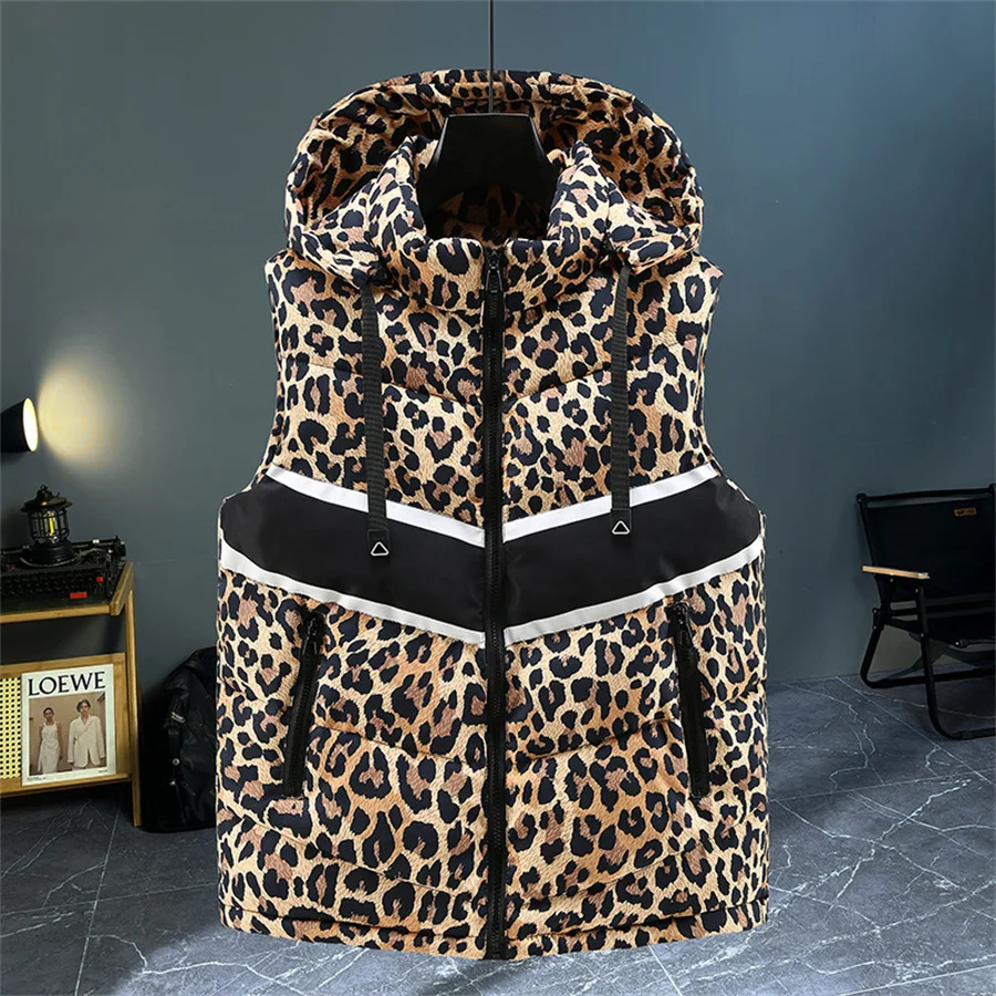 Leopard Print Men's Cotton Padded Vest Hooded Stand Collar Waistcoat ...