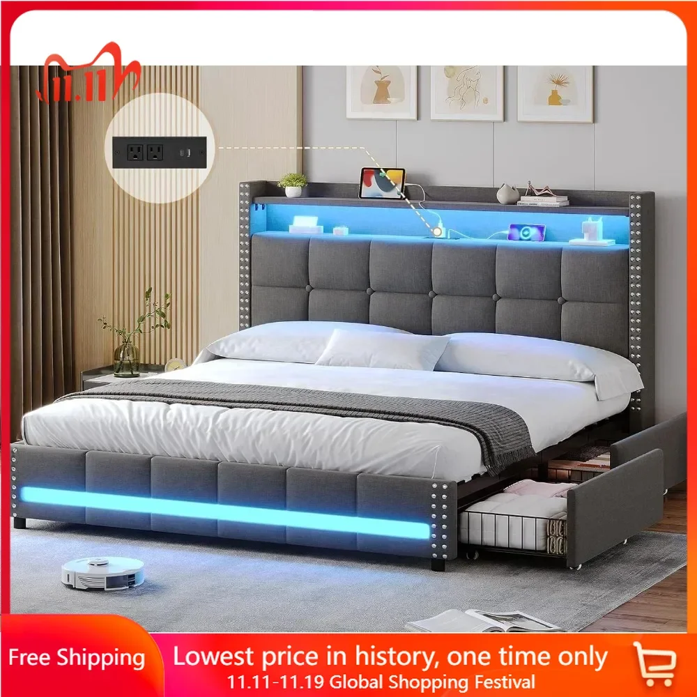 Full-Bed-Frame-with-Storage-Headboard-and-4-Drawers-Tufted-Bed-Frame ...