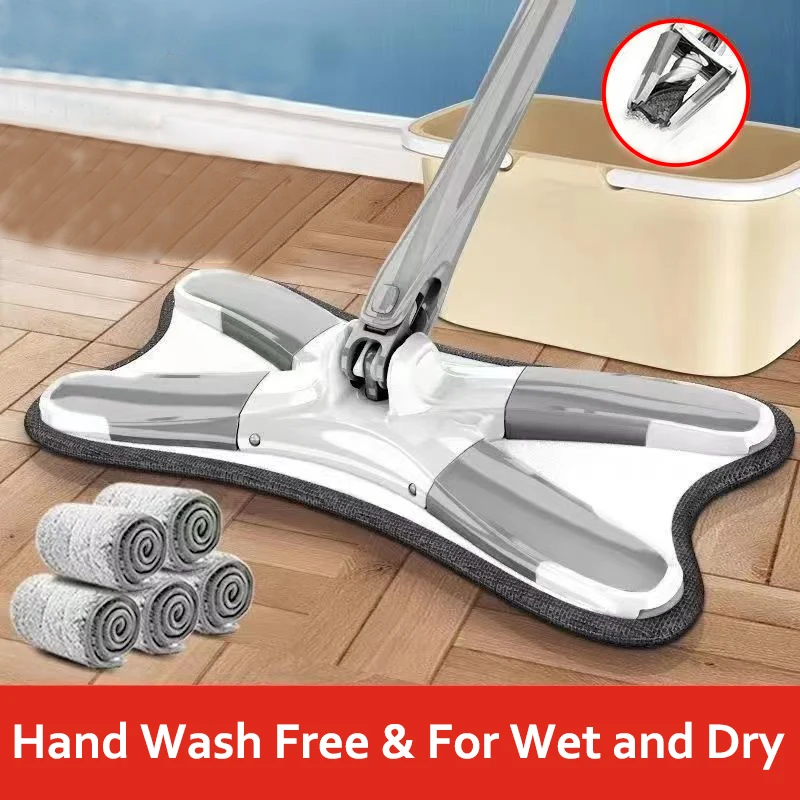 Flat-Floor-Mop-with-Replaceable-Cloth-Heads-X-Type-Hand-Wash-Free ...