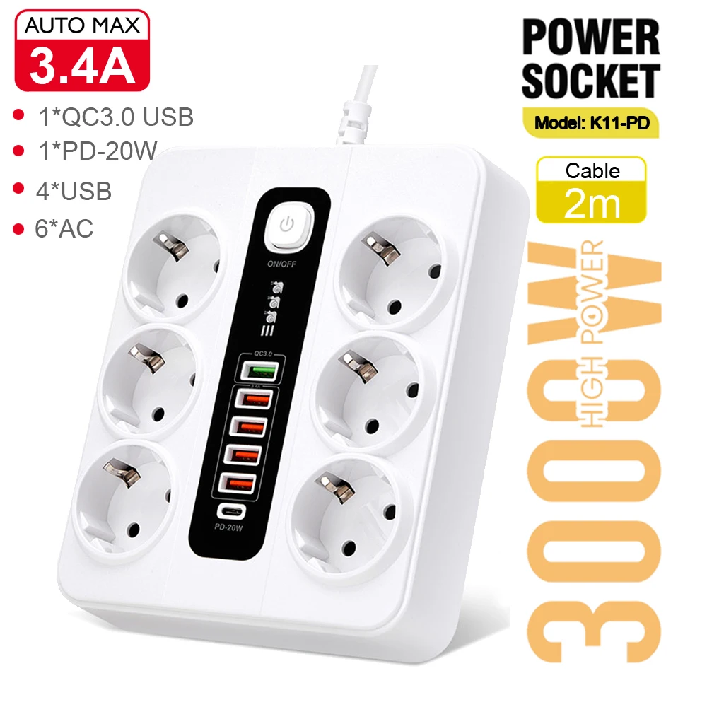 Power-Strip-Multitap-Electrical-Socket-2m-Extension-Cable-EU-Plug-AC ...