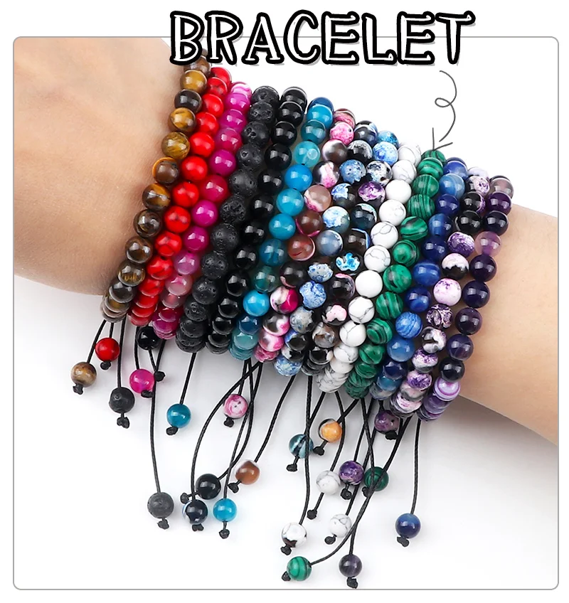 Bracelet de perles réglables de 6mm Agates naturelles Onyx œil de tigre ...