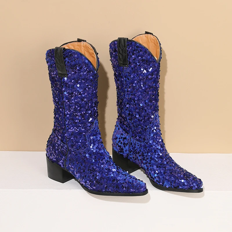 Pink-Gold-Sequined-Cloth-Cowboy-Western-Boots-Glitter-Purple-Blue-Bling ...