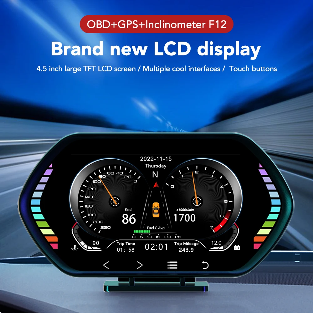 자동차 헤드 업 디스플레이 OBD2 GPS 듀얼 시스템 HUD 4.5 인치 LCD 디지털 속도계 경사계, 시간 주 터치 버튼 ...