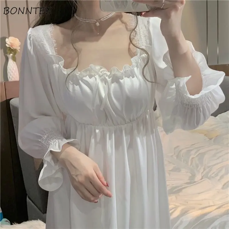 Vintage French Style Nightgowns Women Square Collar Loose Smooth Autumn ...