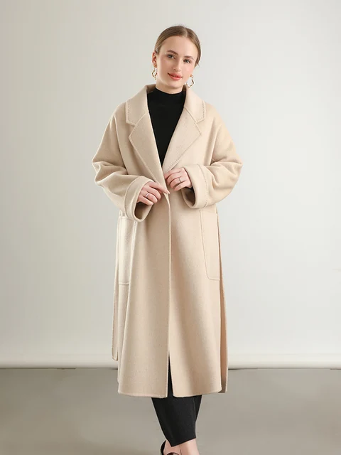 100% Real Wool Long Belt Warp Women Overcoat Classic Model Fall Winter ...