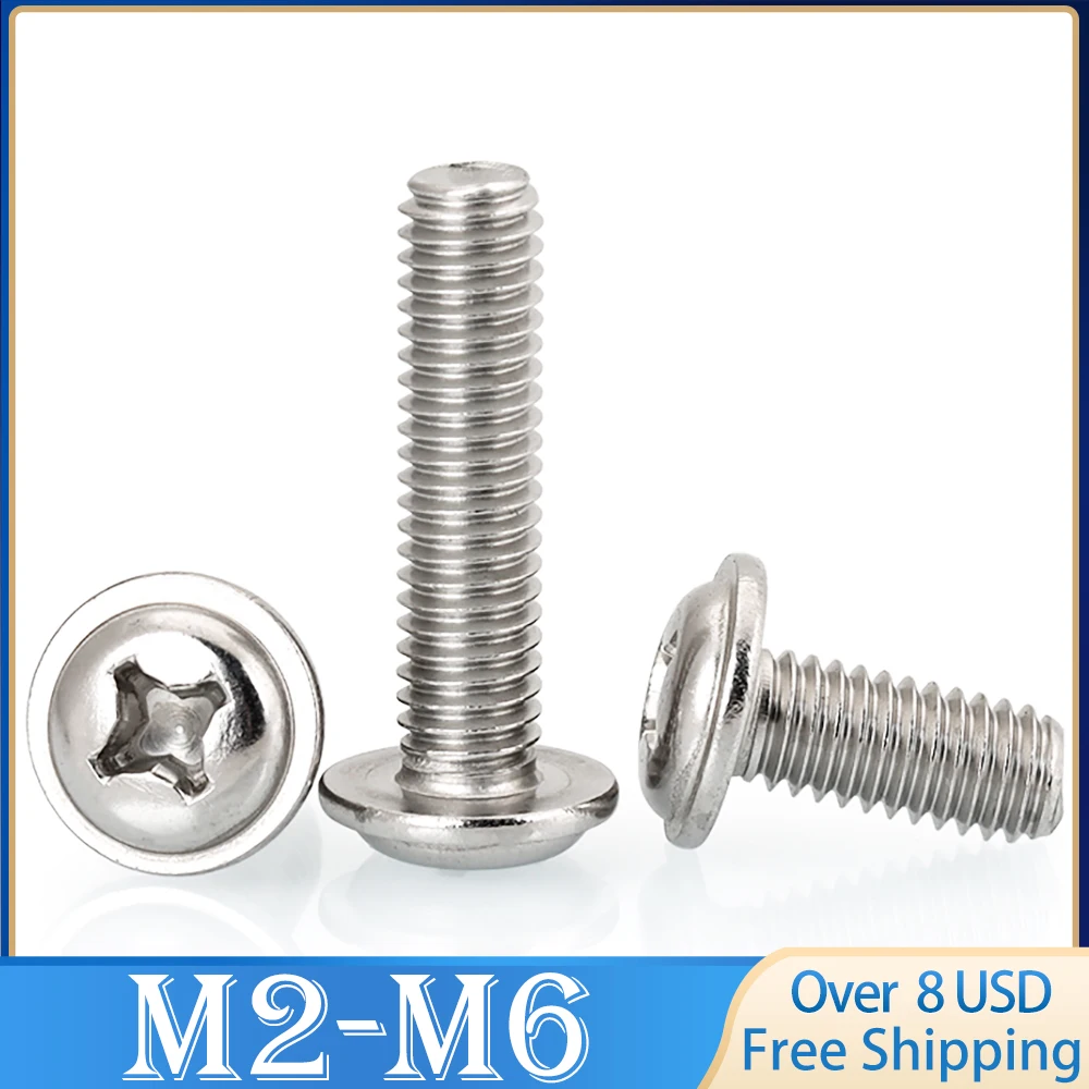 10pcs PWM Phillips Cross Pan Round Truss Head With Washer Collar Screw Bolt A2-70 304 Stainless ...