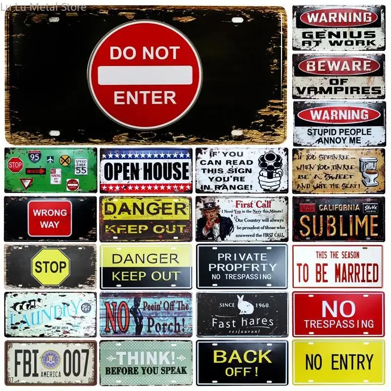 Shabby-Vintage-Car-Plate-License-Danger-Stop-Warning-Text-Signs-Bar ...