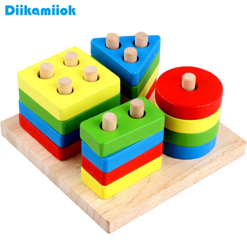 Geometric-Shape-and-Color-Montessori-Toys-for-Kids-Wooden-Blocks-Four ...