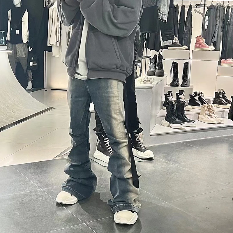 RO-Flared-Denim-Jeans-Rick-Washed-Blue-Straight-Casual-Drawstring-Owens ...