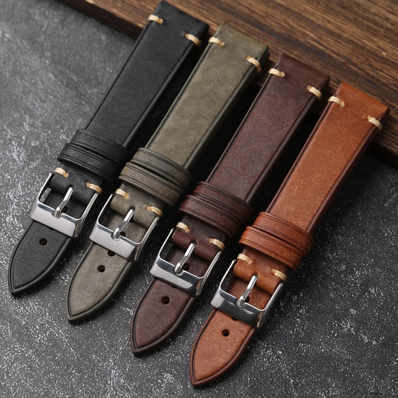 Handmade Vintage Brushed Leather Watchband 18 19 20 21 22MM Soft Ultra ...