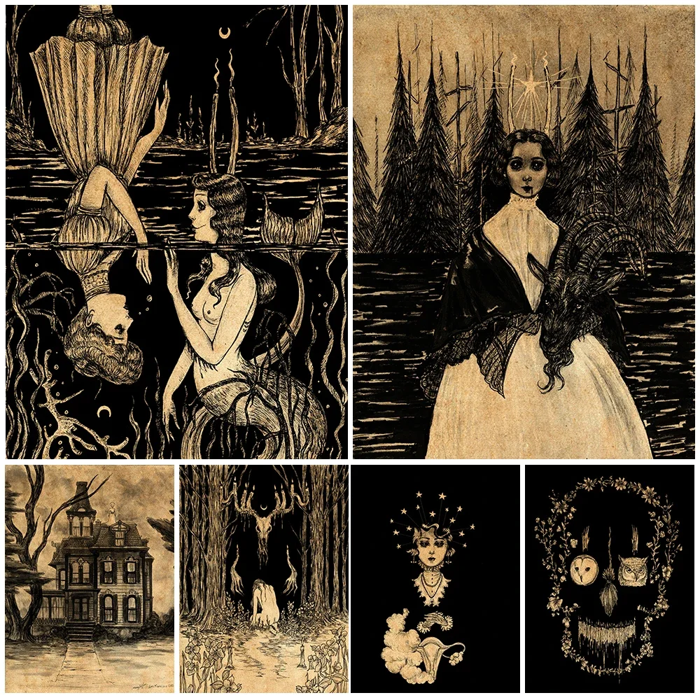 Abstract-Retro-Forest-Witch-House-Art-Poster-Gothic-Dark-Witch-Pencil ...