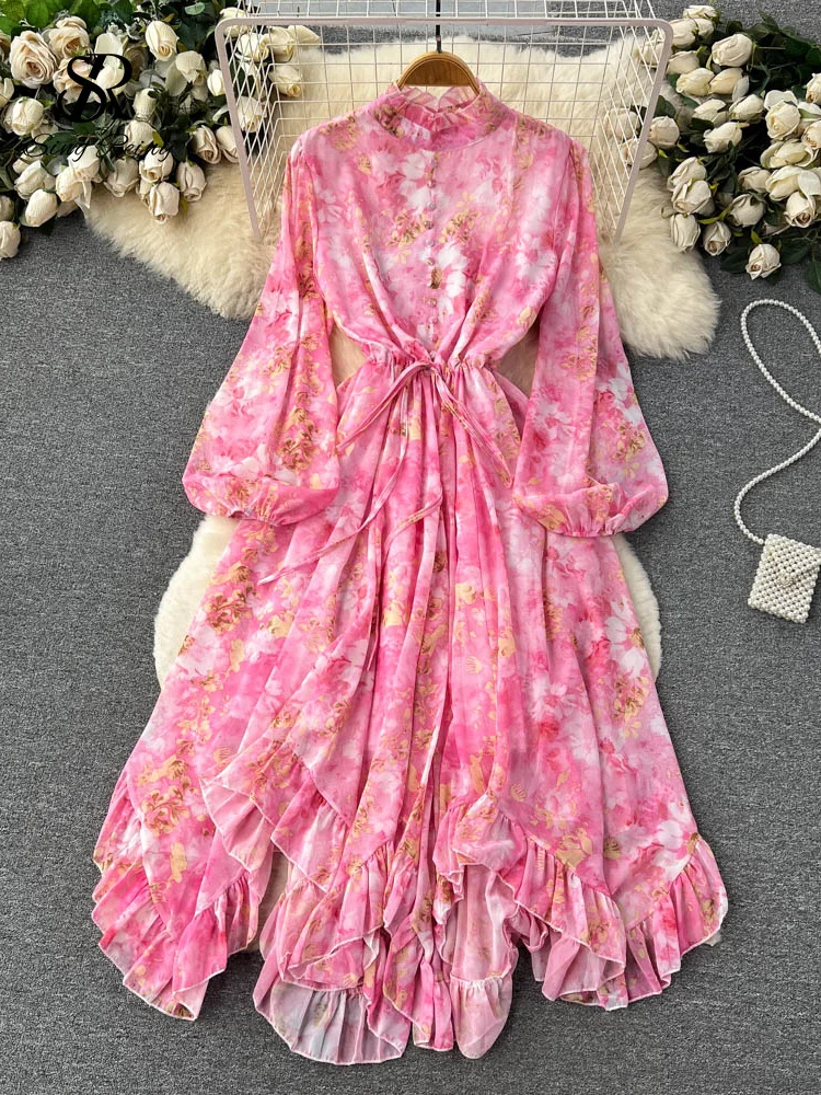 SINGREINY-France-Retro-Loose-Dress-Floral-Long-Lantern-Sleeves-Beading ...