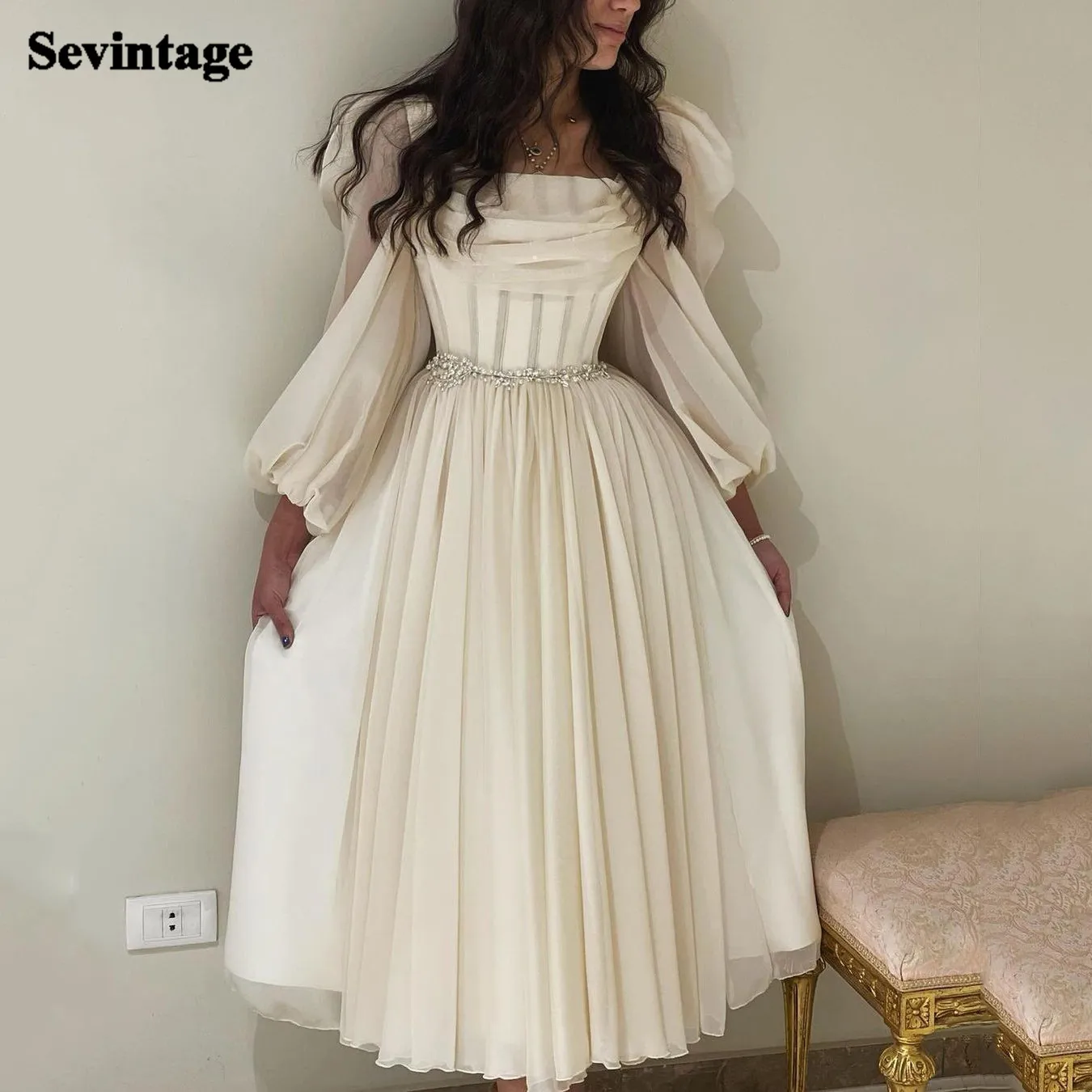 Sevintage Ivory Long Sleeve Chiffon Short Prom Dresses Pleats Fitted ...