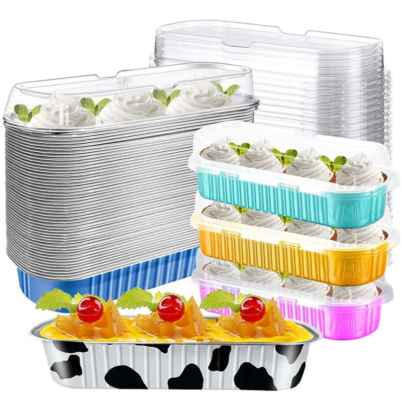 50Pcs Rectangular Baking Cups with Lids 200ml Aluminum Foil Ramekins ...
