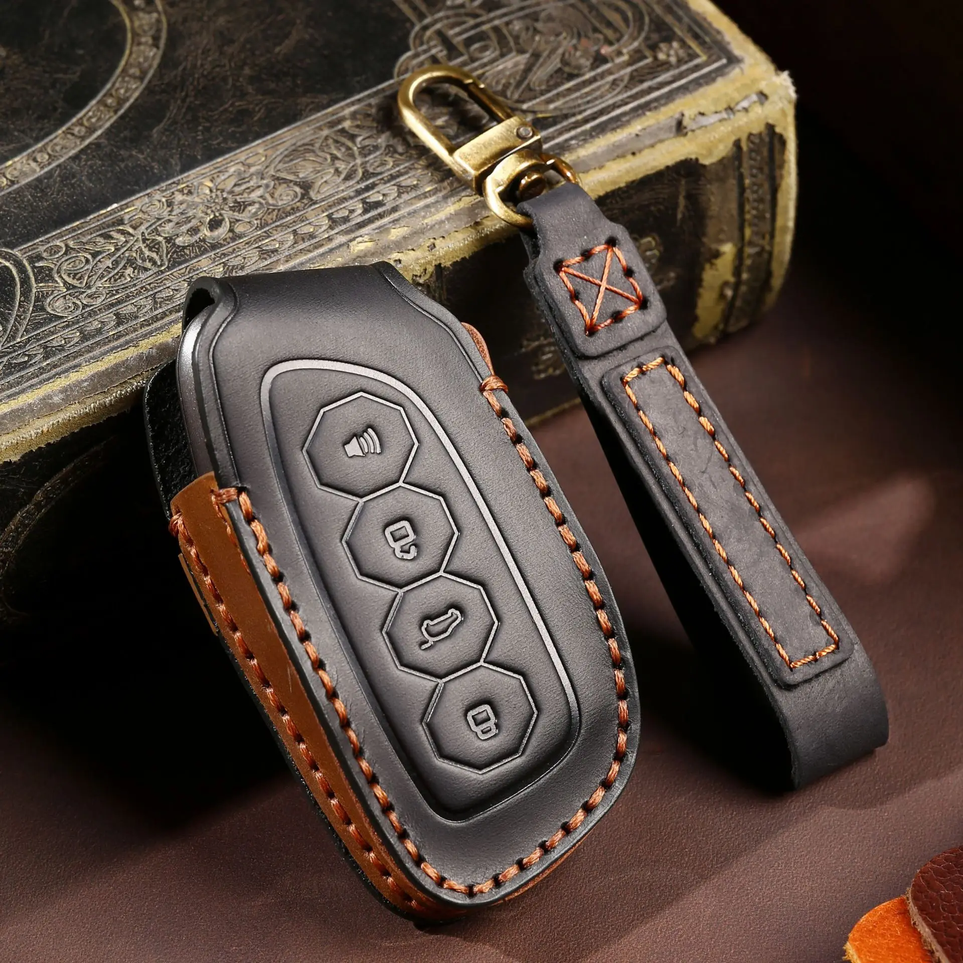 Top-Layer-Genuine-Leather-Car-Remote-Key-Case-Cover-Holder-Keychain-For ...