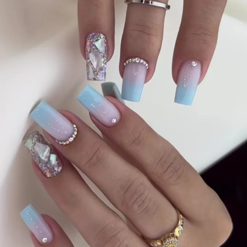 24Pcs-Square-head-Fake-Nails-Blue-Gradient-Glitter-Rhinestones-Ballet ...