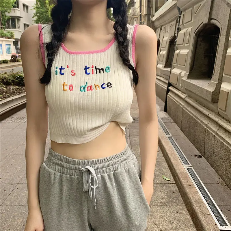 Ribbed Tank Top Crop Top Women's Short Cute Graphic Knit Kawaii T ...