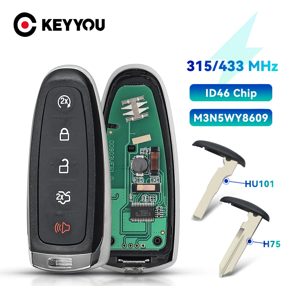 KEYYOU 315 433 MHz ID46 PCF7953 M3N5WY8609 포드 에지 이스케이프 원정대 C max 토러스 플렉스 포커스 용 5 버튼 스마트 리모컨 키등 ...