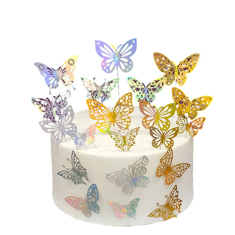 10-Stks-partij-3d-Vlinder-Cake-Topper-Goud-Zilver-Vlinder-Decoraties ...