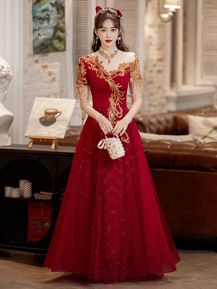 Vintage-High-Neck-Wine-Red-Wedding-Reception-Dresses-Luxury-Appliques ...