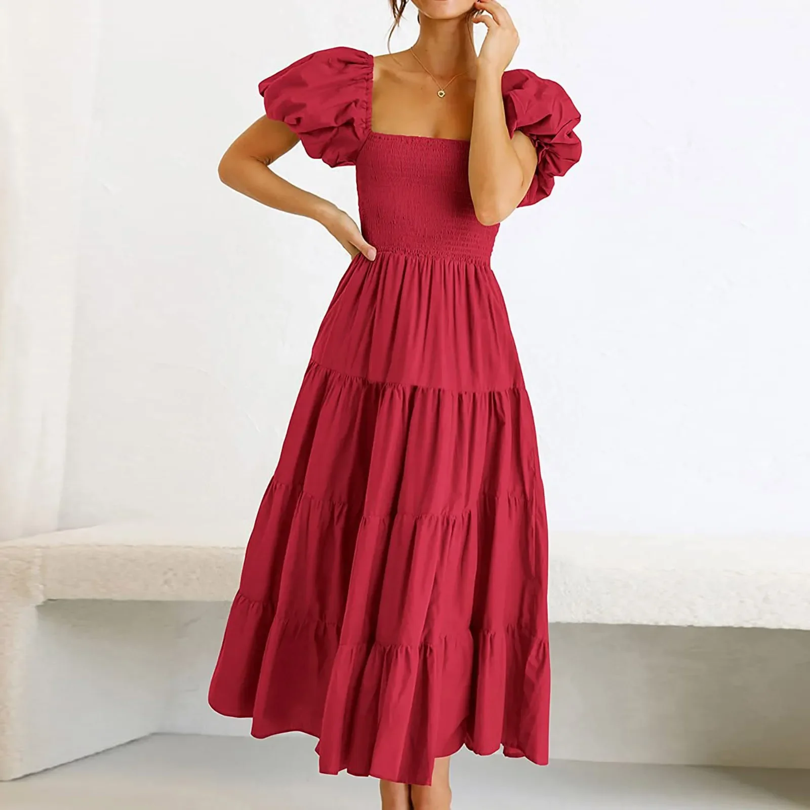 Sexy-Ruffles-Women-Puffed-Sleeves-Dress-Square-Neck-Bow-A-Line-High ...