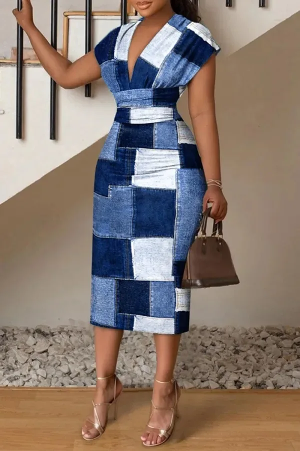 Robe-de-bureau-bleue-sexy-col-en-V-pour-femmes-robes-carreaux-l-gantes ...