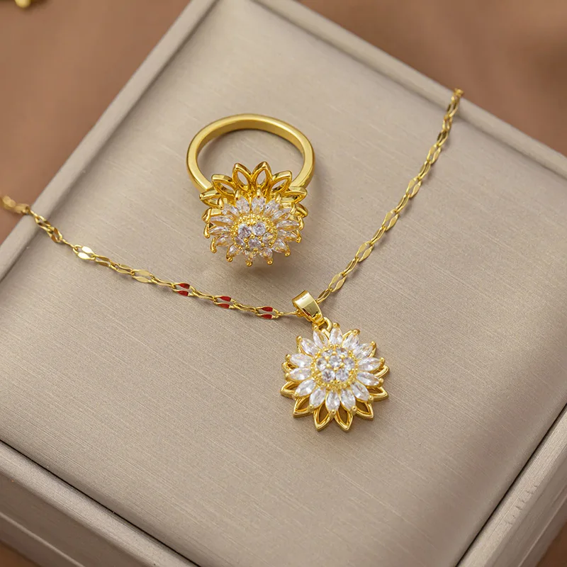 Rotating-Sunflower-Necklaces-For-Women-INS-Fashion-Double-Layer-Rotable ...