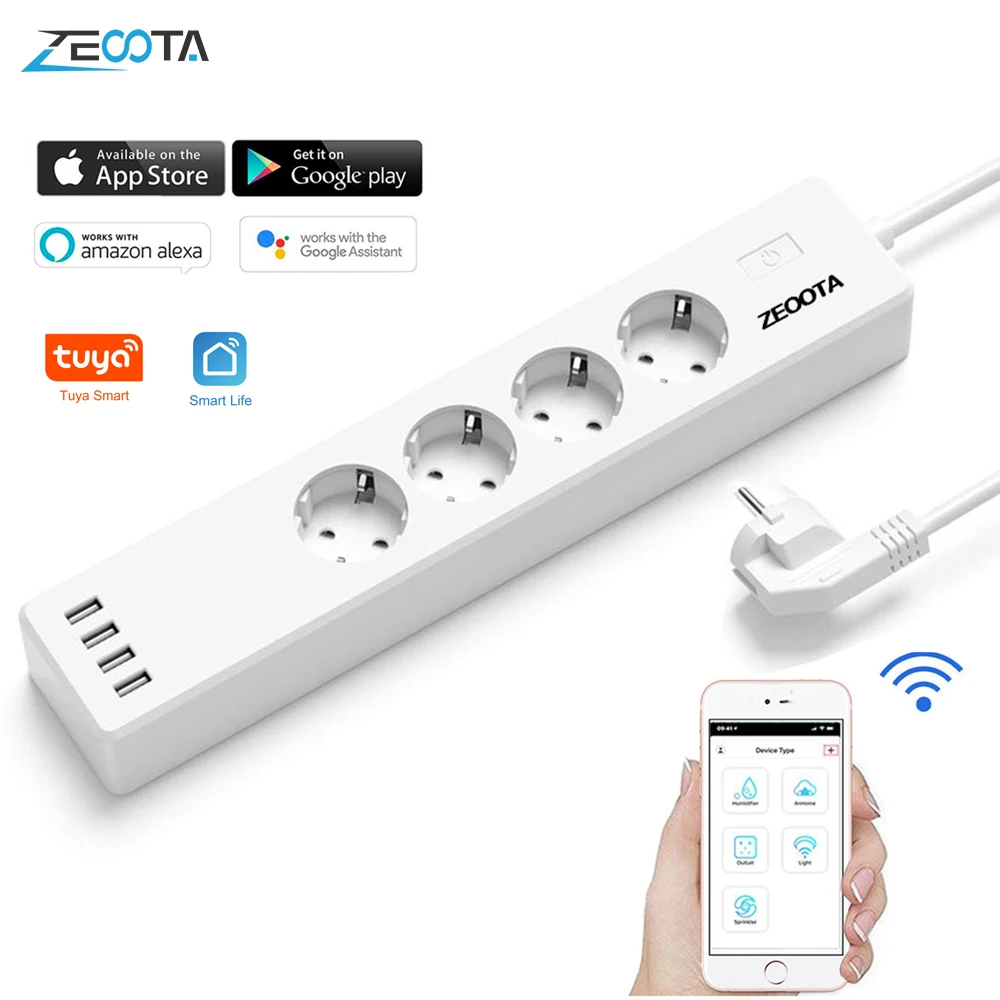 Wifi Smart Power Strip 4 EU Outlets 16A Plug Socket with USB Charging ...
