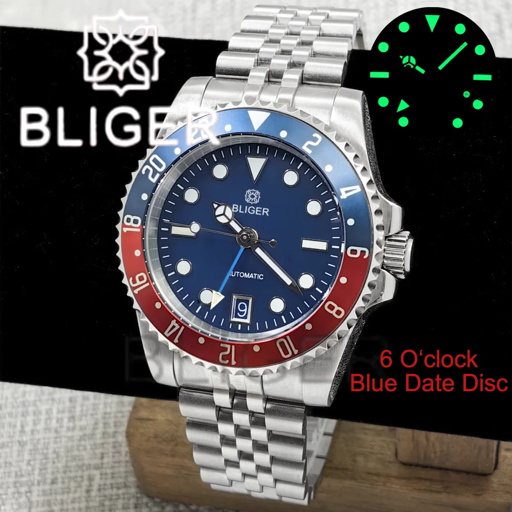 BLIGER 6 Hour Date NH34 GMT Mechanical Watch For Men 40mm Sapphire ...