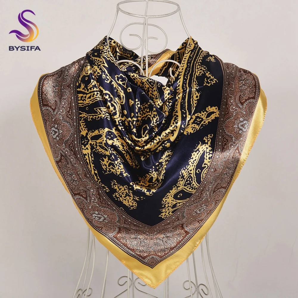 BYSIFA| Fashion Black Gold Silk Scarf Hijab Female Fall Winter Plaisely Square Headscarf Wraps ...