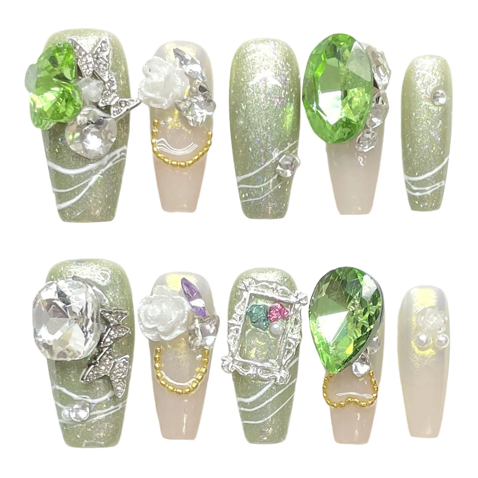 Green-Fake-Nails-with-Rhinestone-Decor-Durable-Never-Splitting-Comfort ...