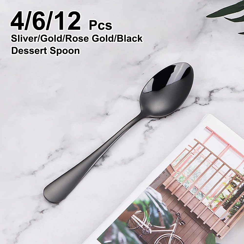 4/6/12 Pieces Stainless Steel Dessert Spoon Black Stirring Spoon Ice ...