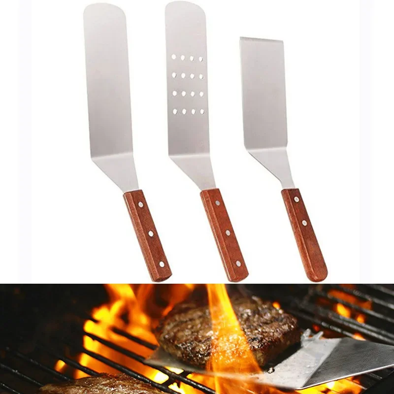 Stainless-Steel-BBQ-Grill-Turner-With-Wooden-Handle-Cooking-Spatula ...