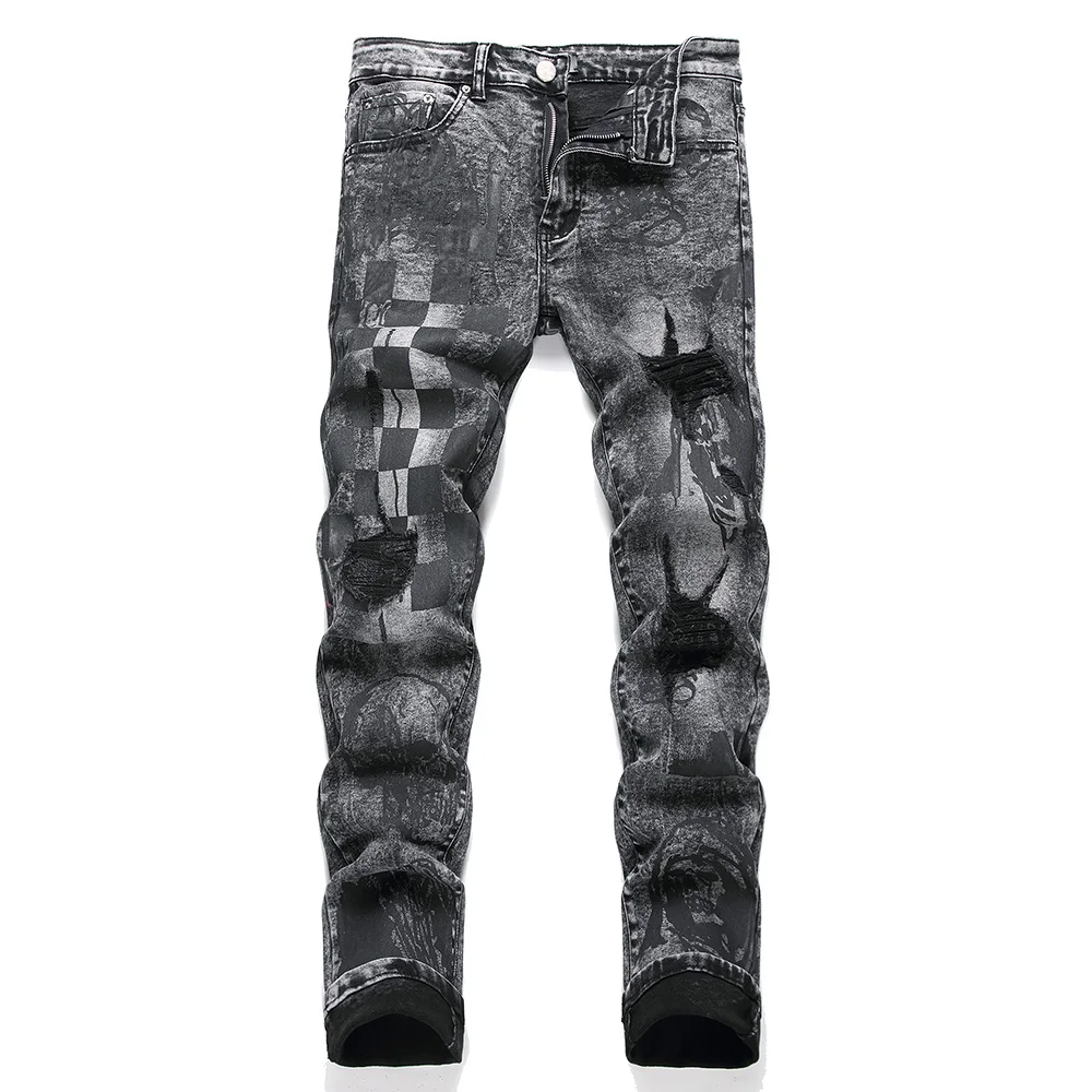 Men-Skull-Plaid-Check-Print-Denim-Jeans-Streetwear-Holes-Ripped-Stretch ...