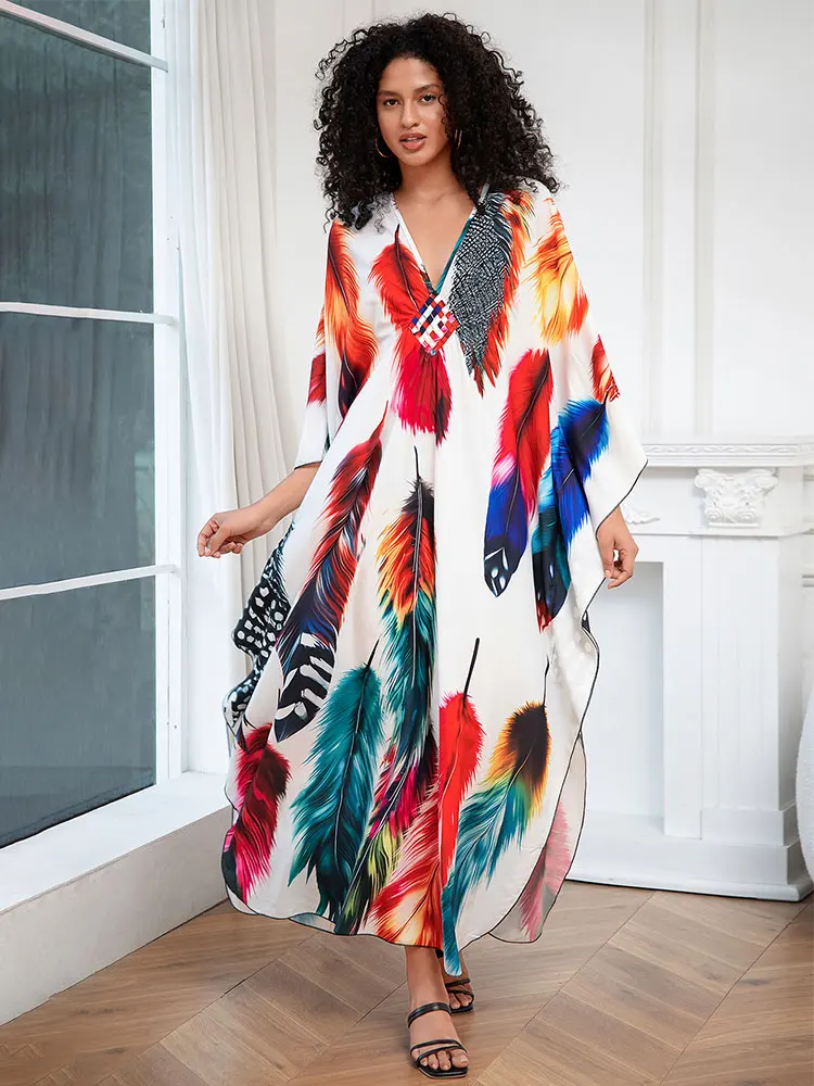 Bohomian-Colorful-Printed-Long-Sleeve-Kaftan-Dress-Oversize-Beach-House ...