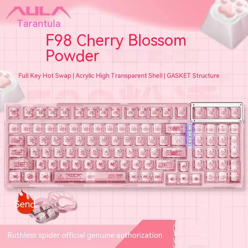 Aula-F98 Tri-mode Teclado Mecânico Personalizado, Rosa Transparente, Esports, Estrutura de Junta ...