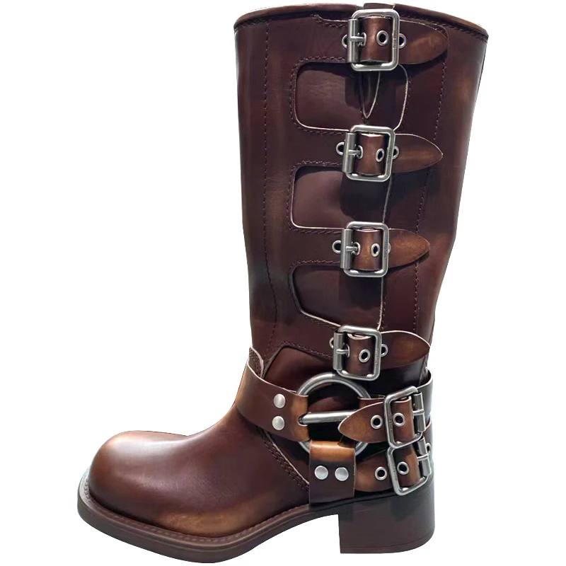 Western-Fashion-Metallic-Clasp-Buckle-Belt-Straps-Women-Knee-Boots-Low ...