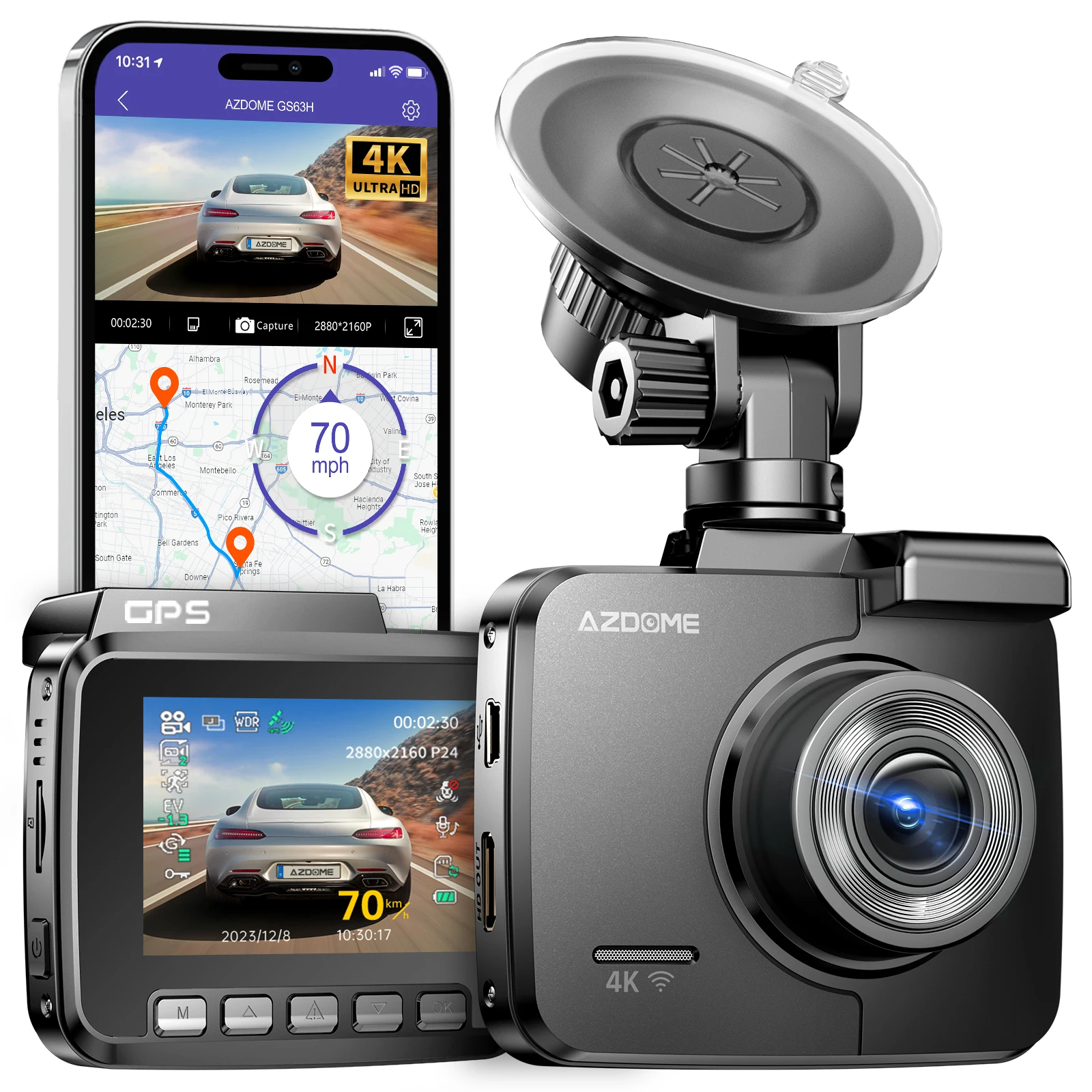 AZDOME-Dashcam-GS63H-Dual-Lens-4K-Car-Camera-Built-In-GPS-Wi-Fi-Front ...