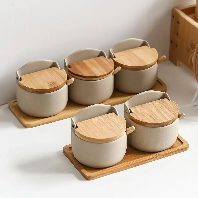 Ceramic Seasoning Jars Bamboo Lid with Spoon Japanese Style Spice Jar ...