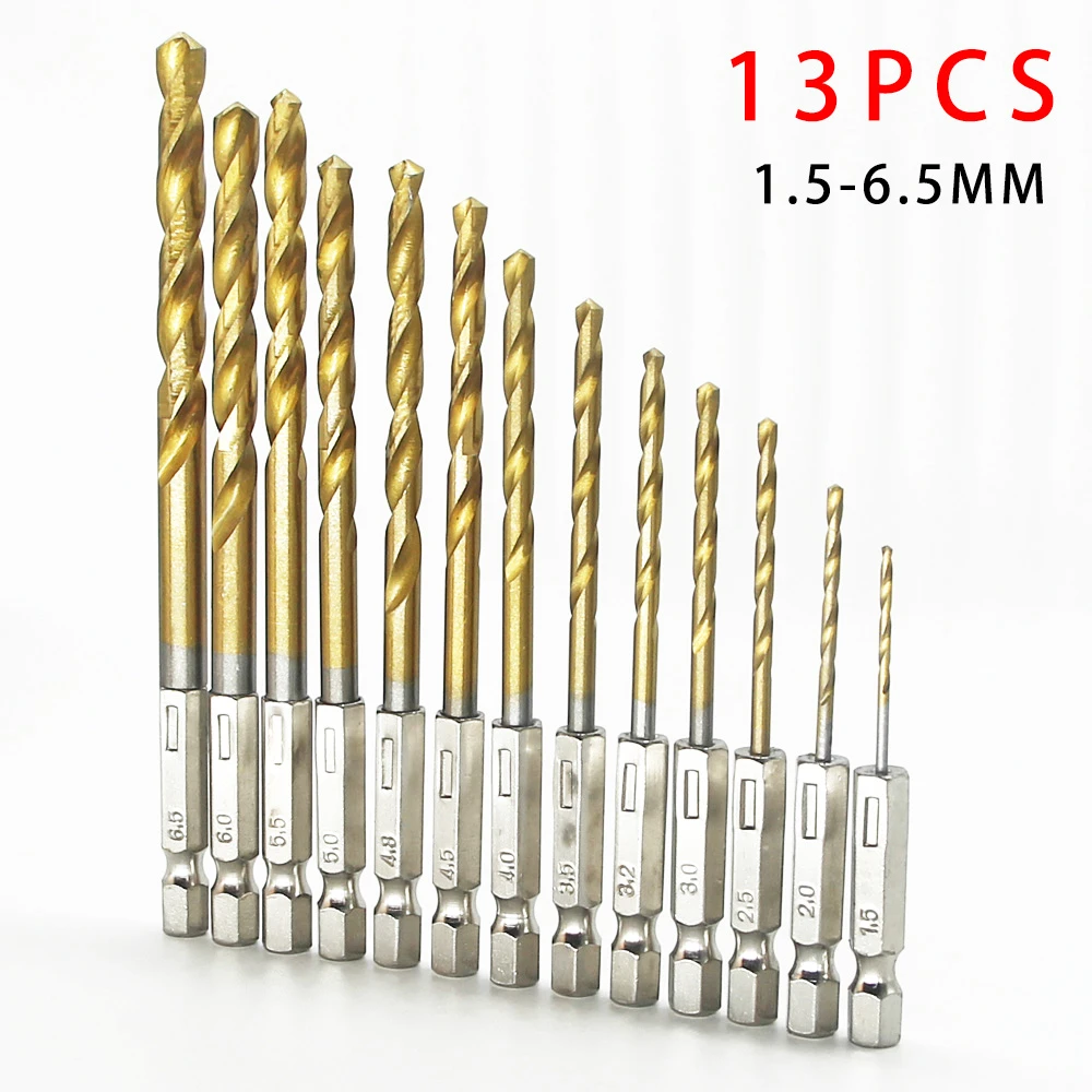 3/13Pcs HSS High Speed Steel Titanium Coated Drill Bit Set 1/4 Hex Shank 1.5mm 6.5mm Hexagonal ...