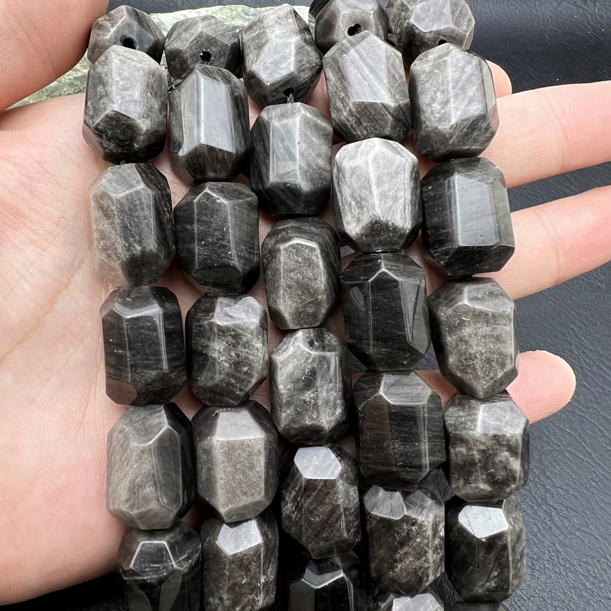 Large-Faceted-Natural-Stone-Silver-Obsidian-Cutting-Nugget-Focus-Beads ...