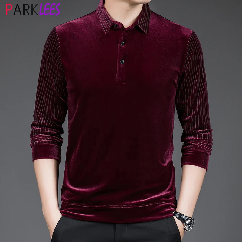 Wine-Red-Velvet-Velour-Polo-T-Shirt-Men-2022-Winter-New-Casual-Soft ...