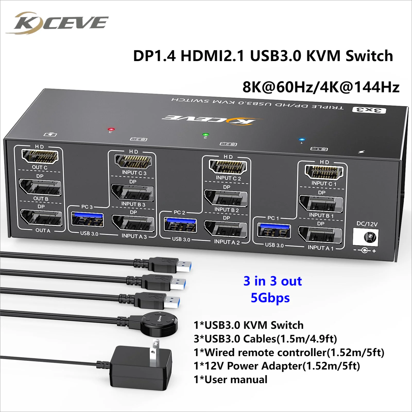 KCEVE-HDMI-Interruptor-KVM-USB-3-0-3-Monitores-3-Computadores-8K-60Hz ...