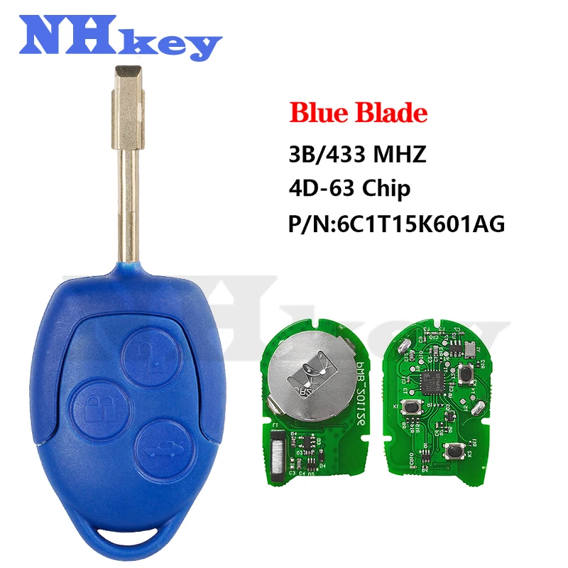 Nhkey 3 Button Car Remote Key 4d63 Chip 433mhz P/n: 6c1t15k601ag Blue ...