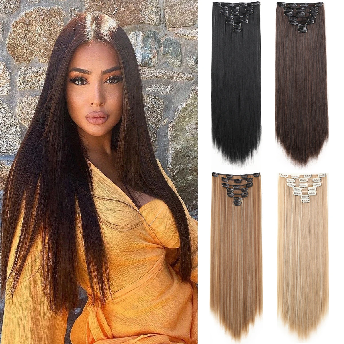 Clip-in-Hair-Extensions-Premium-Synthetic-Long-straight-Hairpieces-7 ...