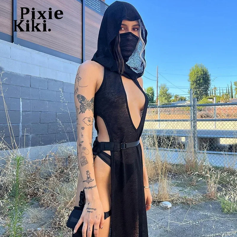 PixieKiki-Vestidos-largos-sin-mangas-con-capucha-y-abertura-alta-vestido-de-punto-negro-Cyber ...