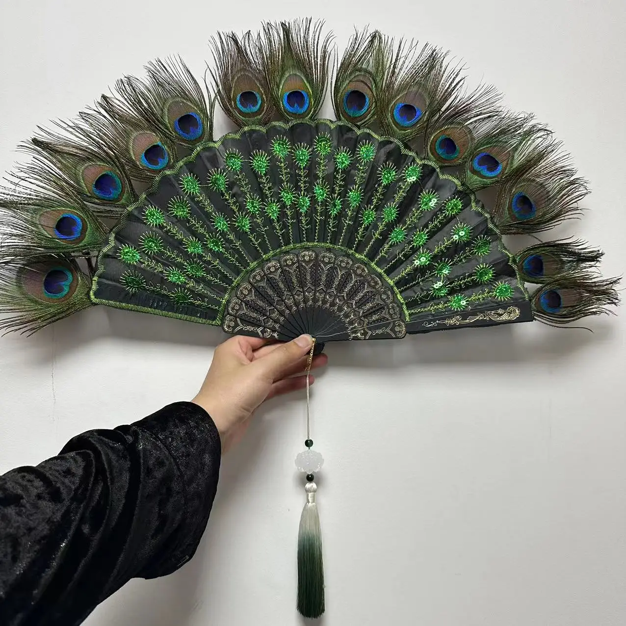 Embroidery-Sequin-Peacock-Feather-Folding-Fan-Lolita-Dance-Hand-Fan ...