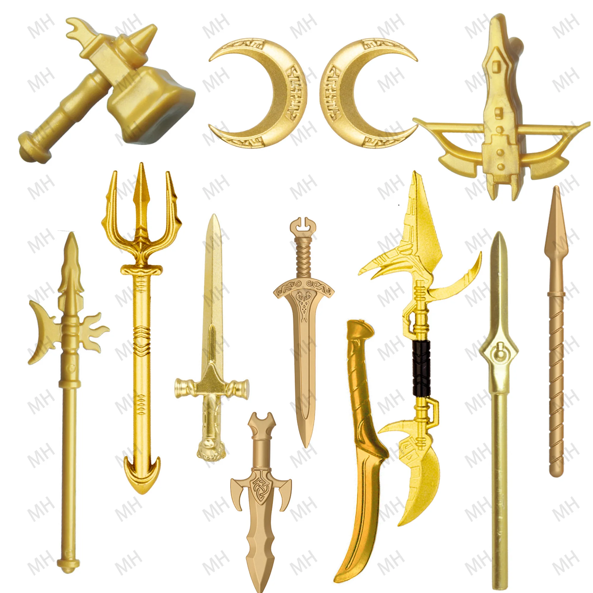 MOC-Gold-Weapons-Building-Blocks-Accessories-Sword-Bow-Axe-Hammer-Lance ...