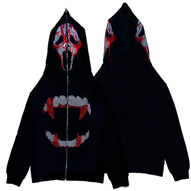 Y2K Full Zip Up Hoodie Autumn Winter Gothic Rhinestones skeleton Sweatshirt Hip Hop Grunge ...